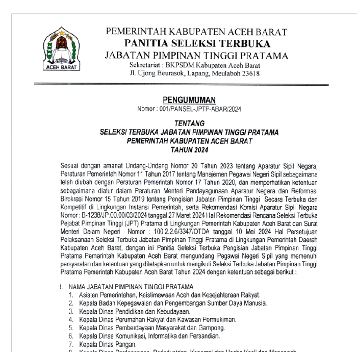 Pengumuman Seleksi Terbuka JPT Pratama Kabupaten Aceh Barat Tahun 2024